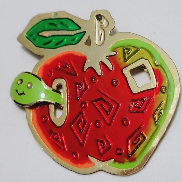 Vintage | Jewelry | Gold Metal Glazed Enamel Red Apple With Smiling ...